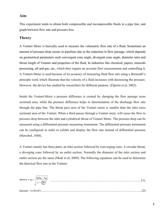 Fluid Mechanic Lab - Venturi Meter | PDF