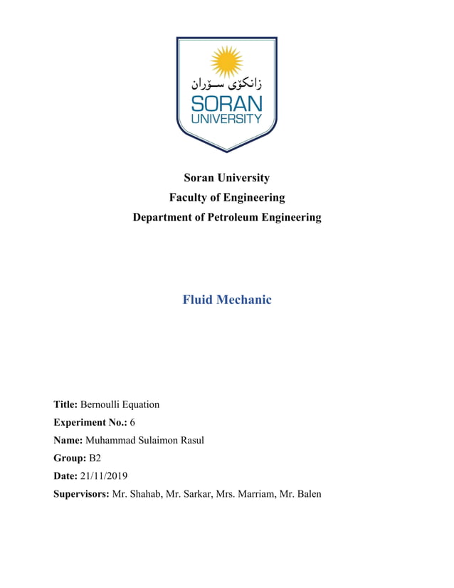 Fluid Mechanic Lab - Bernoulli Equation | PDF