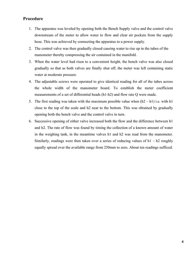 Fluid Mechanic Lab - Bernoulli Equation | PDF