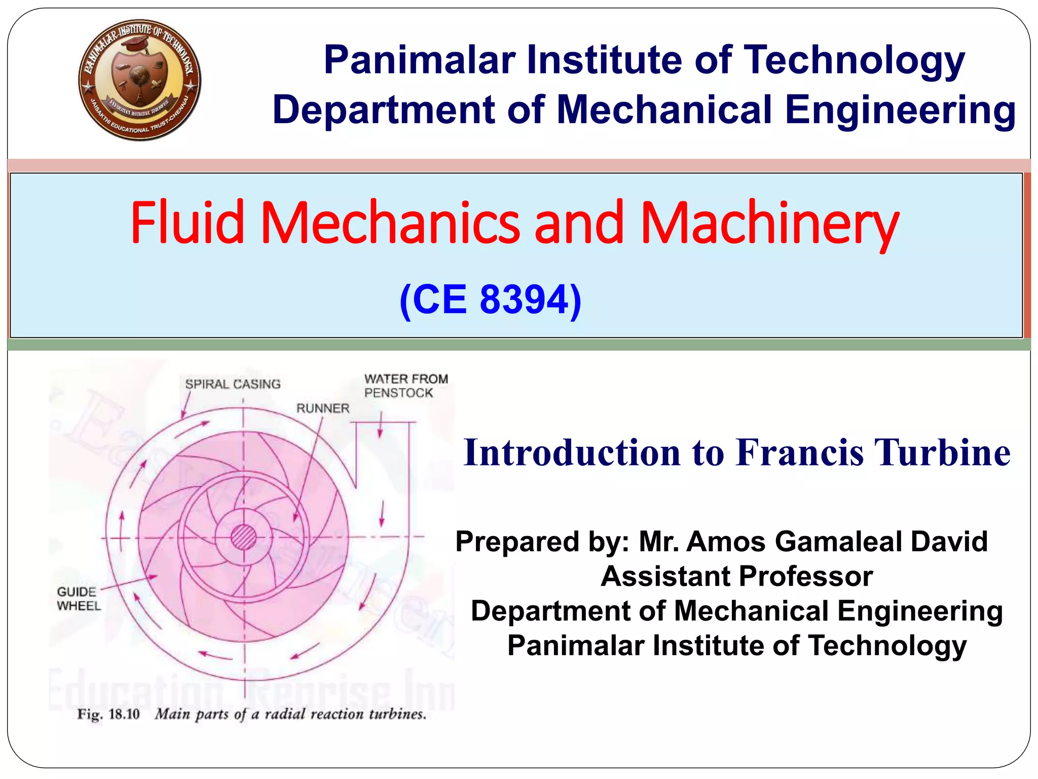 Fluid mechanics- Introduction to Francis turbine and Problems | PPTX