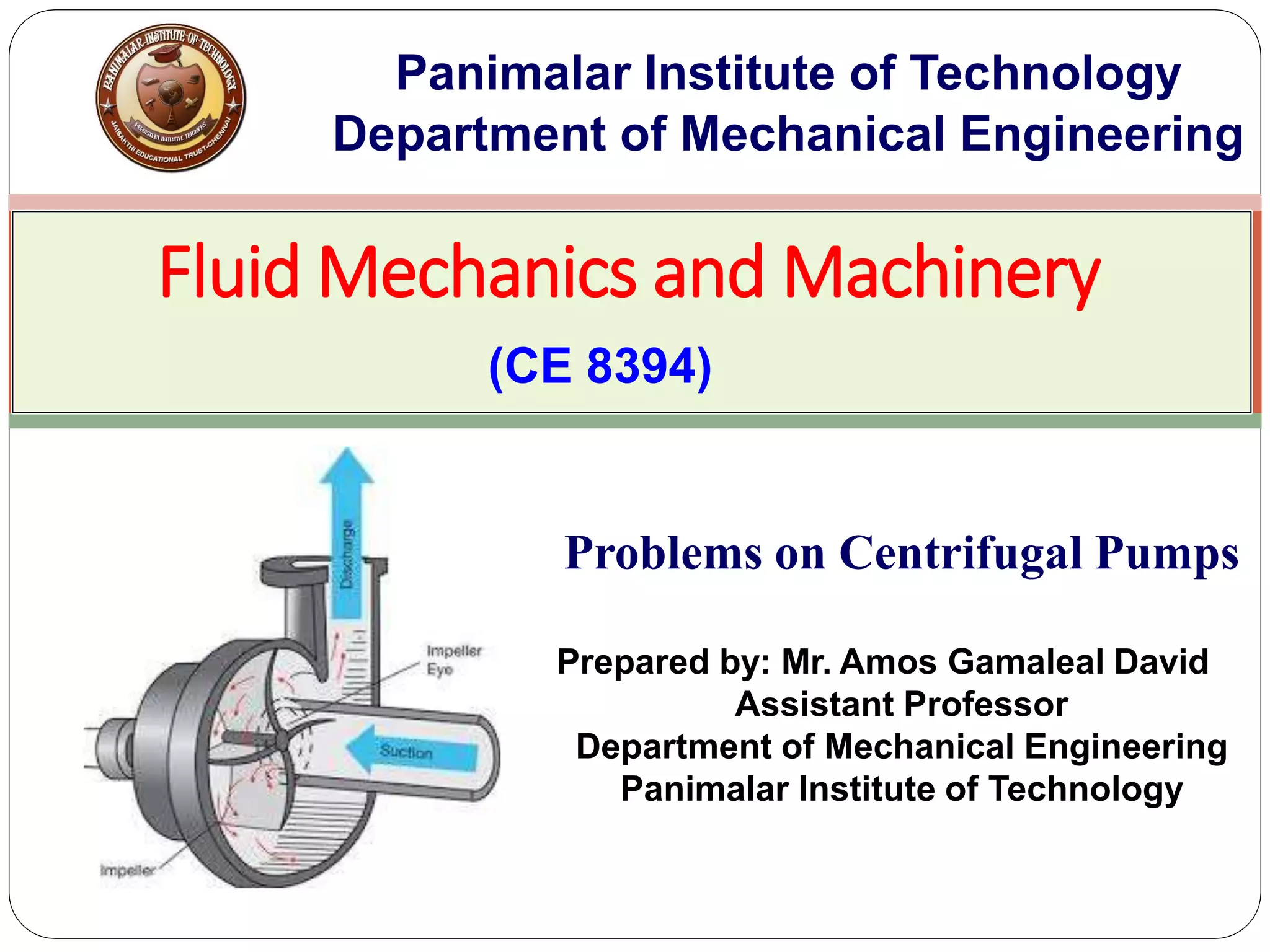 Fluid mechanics- Problems on Centrifugal pumps | PPTX