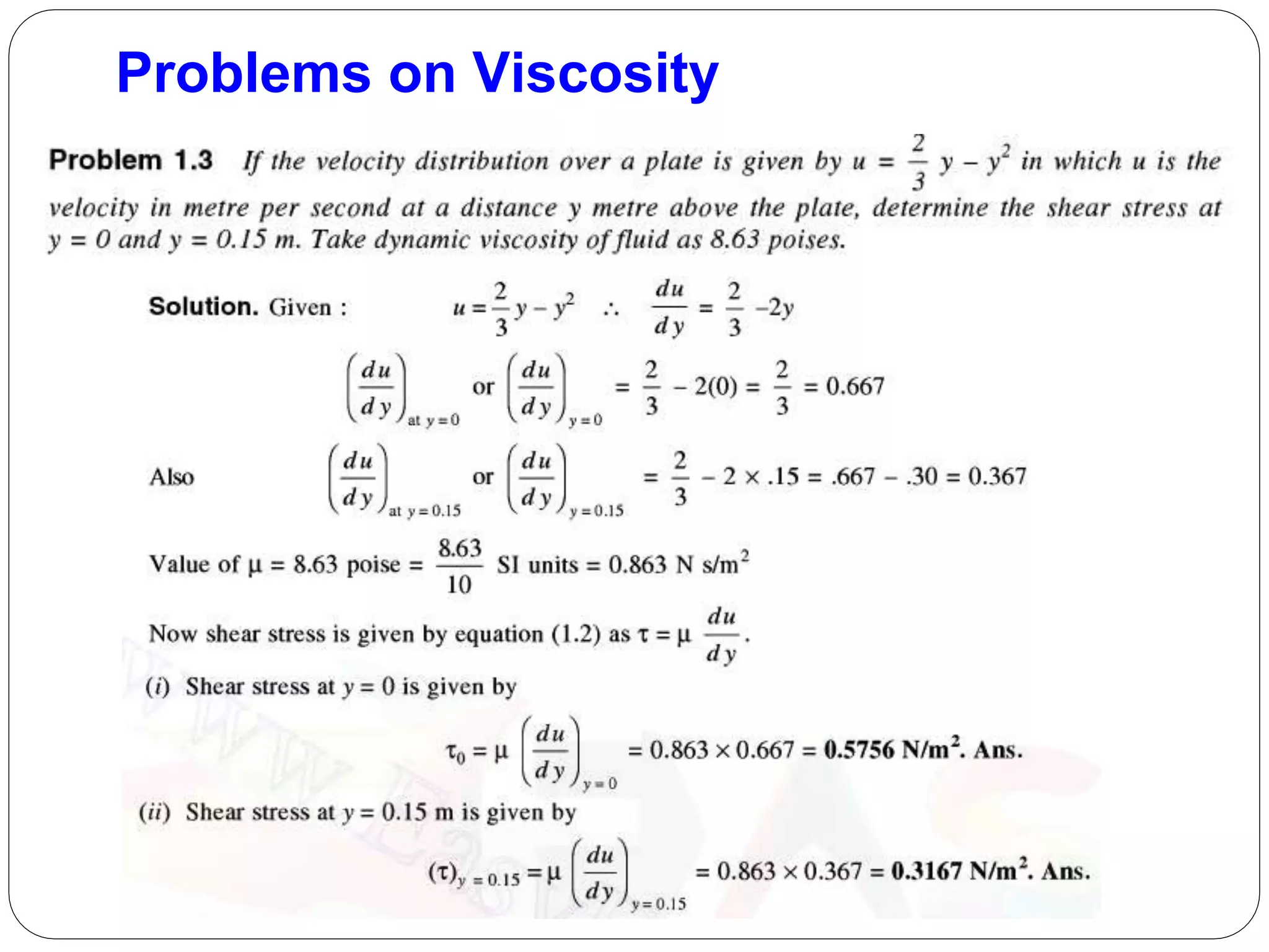 Fluid Mechanics - Problems on viscosity | PPTX