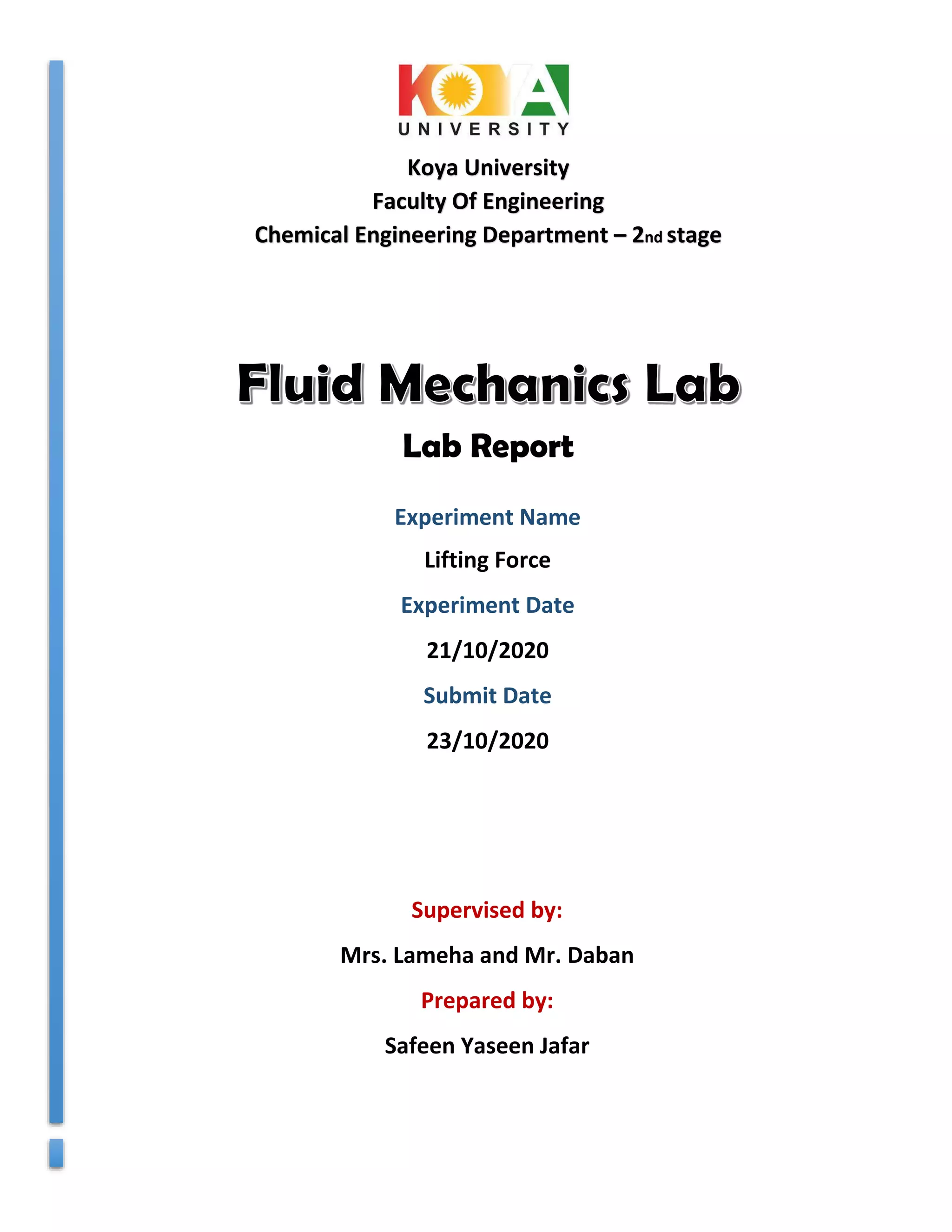 Fluid mechanics lab experiment 01_lifting force | PDF