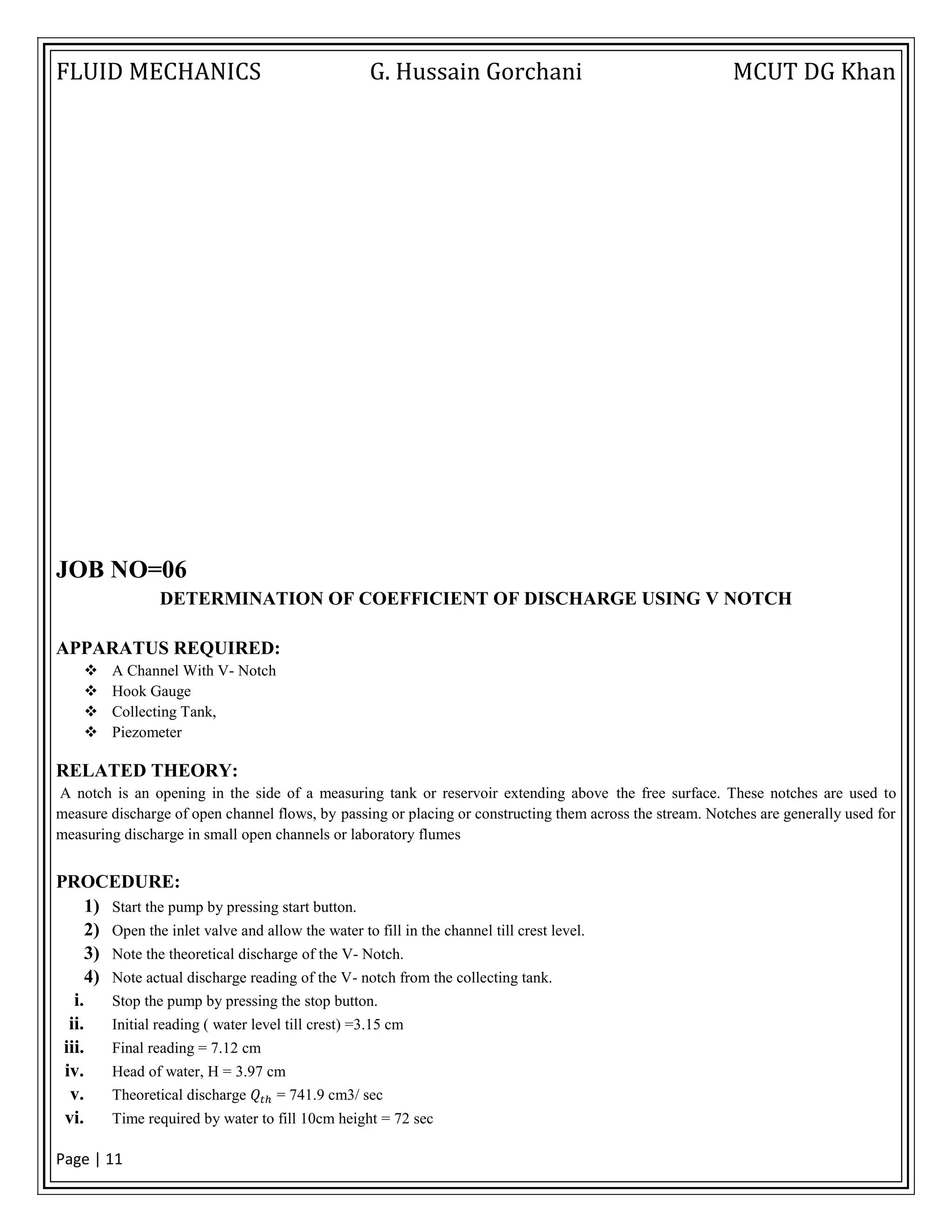 FLUID MECHANICS LAB MANUAL BSc Civil Technology 3rd Semster | PDF
