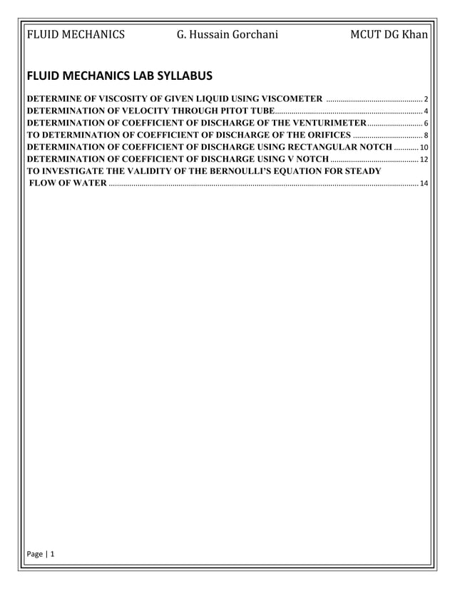 FLUID MECHANICS LAB MANUAL BSc Civil Technology 3rd Semster | PDF