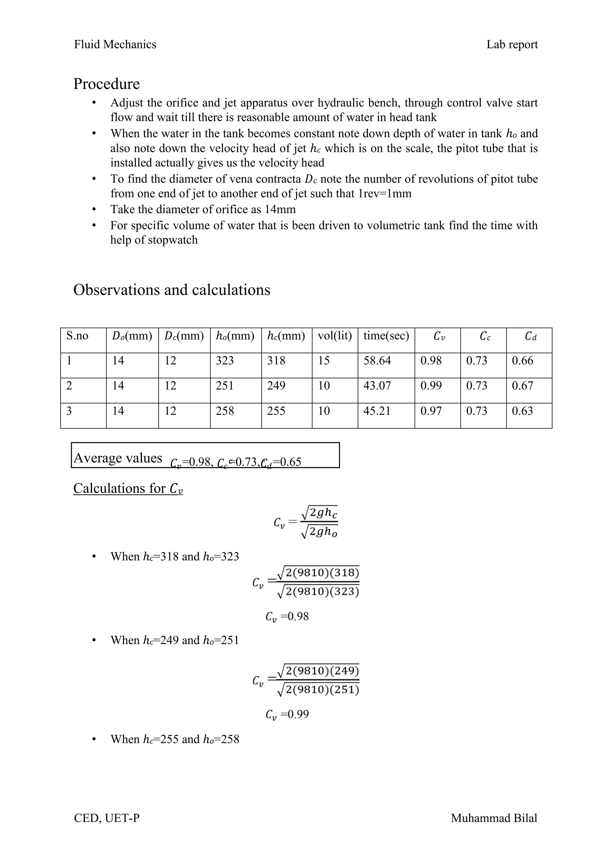 Fluid mechanics Lab Report | PDF