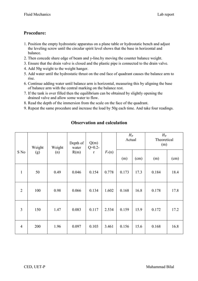 Fluid mechanics Lab Report | PDF