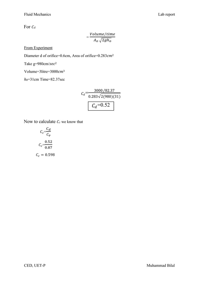 Fluid mechanics Lab Report | PDF