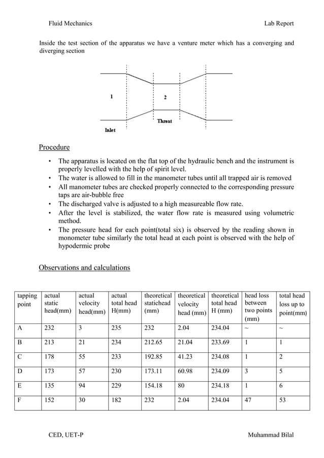 Fluid mechanics Lab Report | PDF