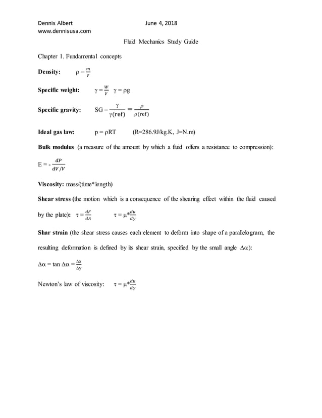Fluid mechanics study guide (Cheat sheet) | DOCX | Physics | Science