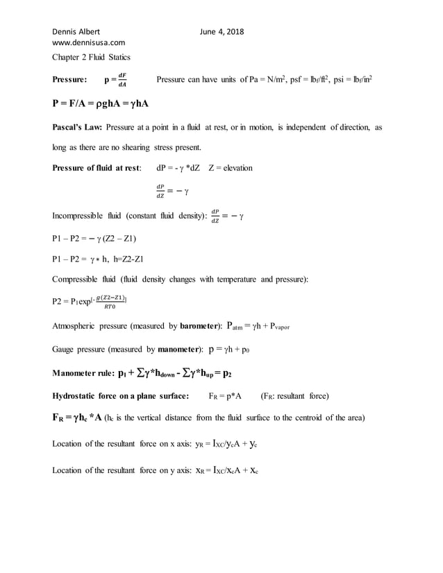 Fluid mechanics study guide (Cheat sheet) | DOCX | Physics | Science