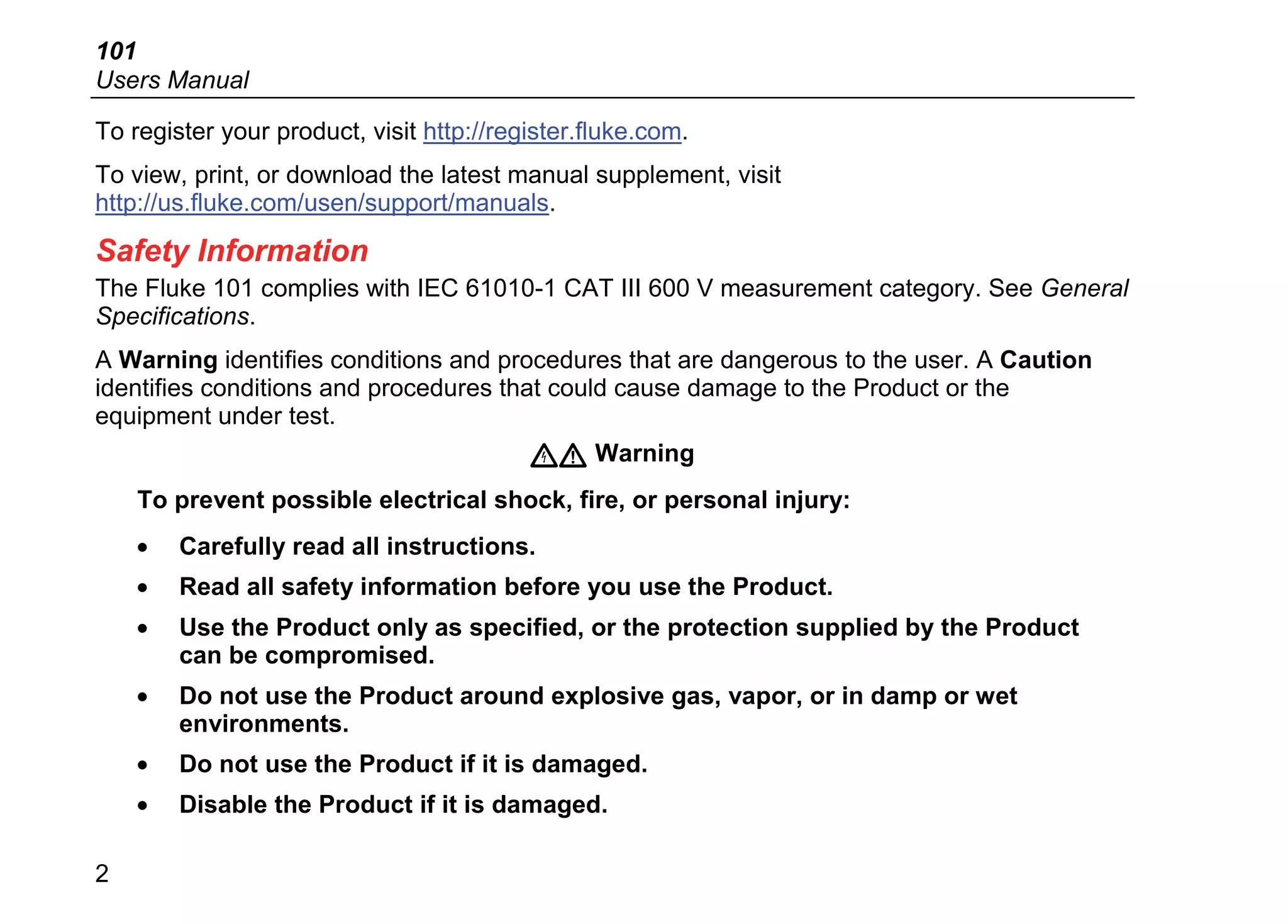 Fluke 101 Basic Digital Multimeter User Manual | PDF