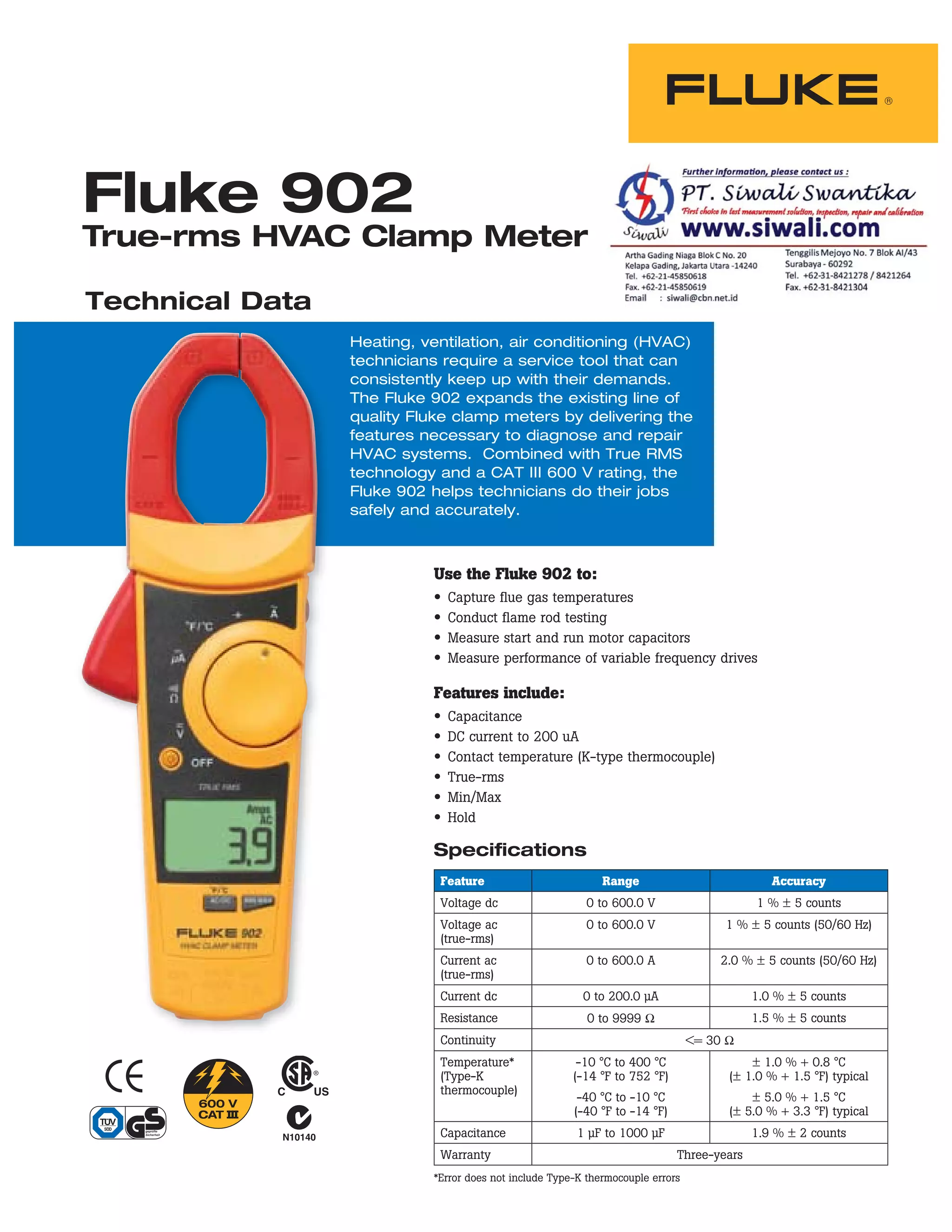 Datasheet Fluke 902. Hubungi PT. Siwali Swantika 021-45850618 | PDF