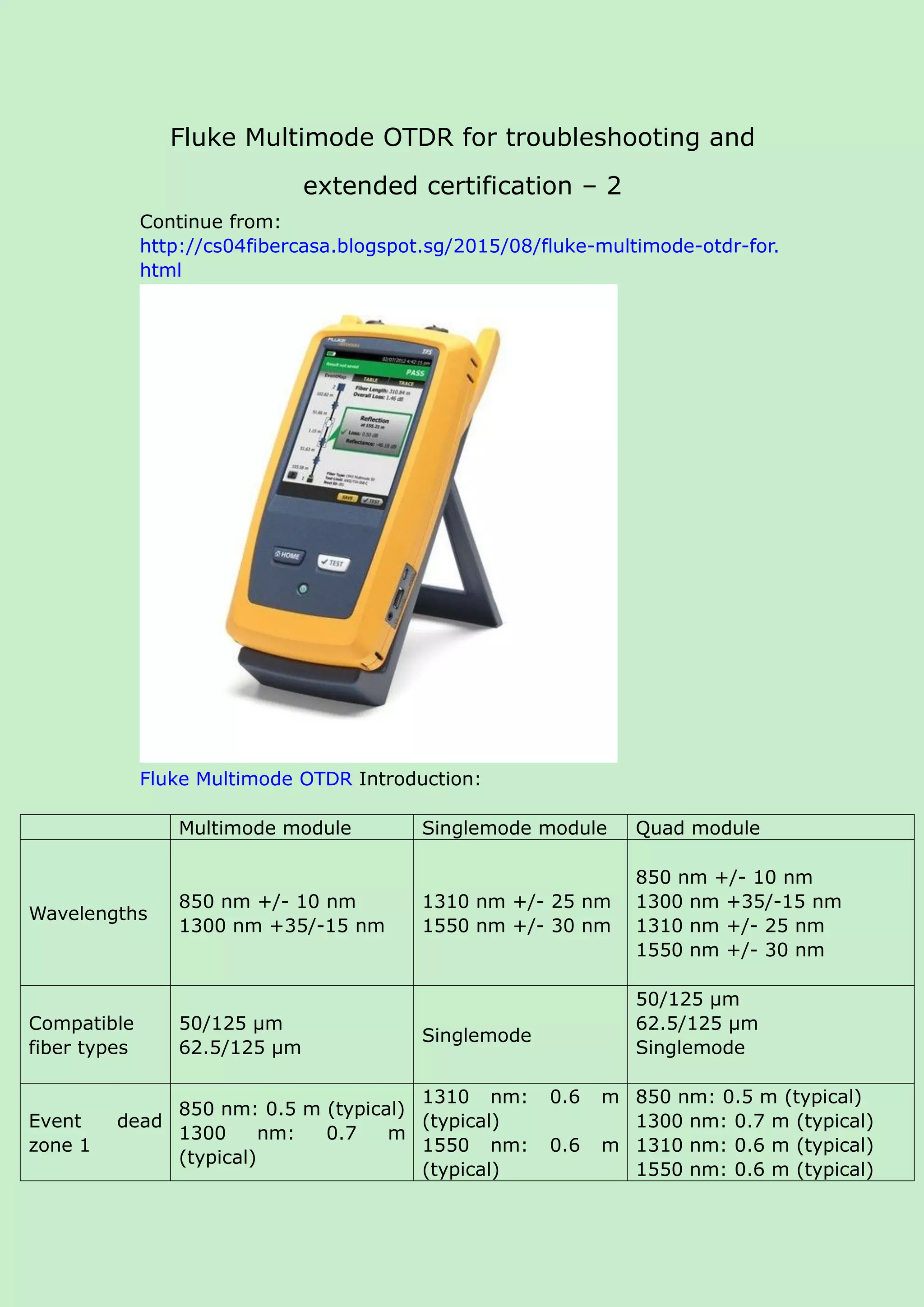 Fluke Multimode OTDR for Troubleshooting and Extended Certification – 2 ...