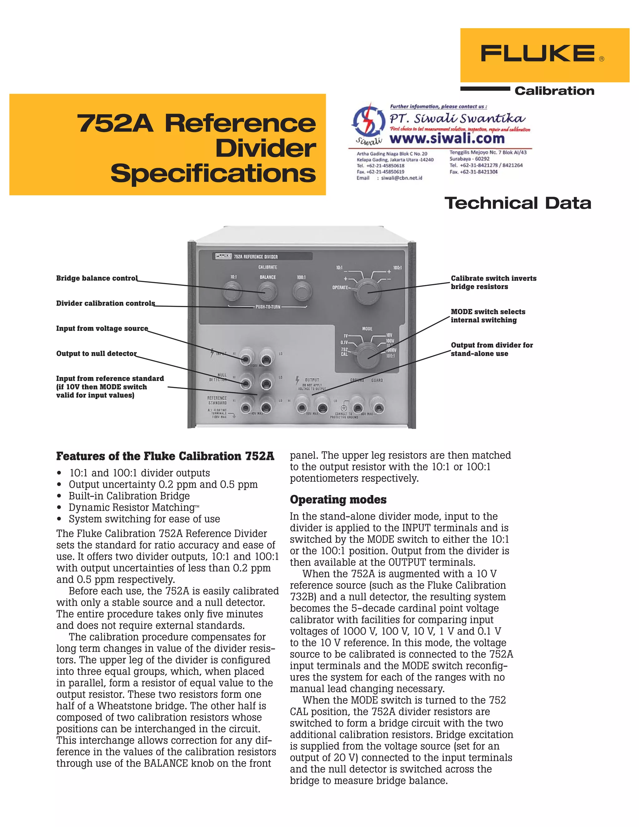 Datasheet Fluke 752A. Hubungi PT. Siwali Swantika 021-45850618 | PDF