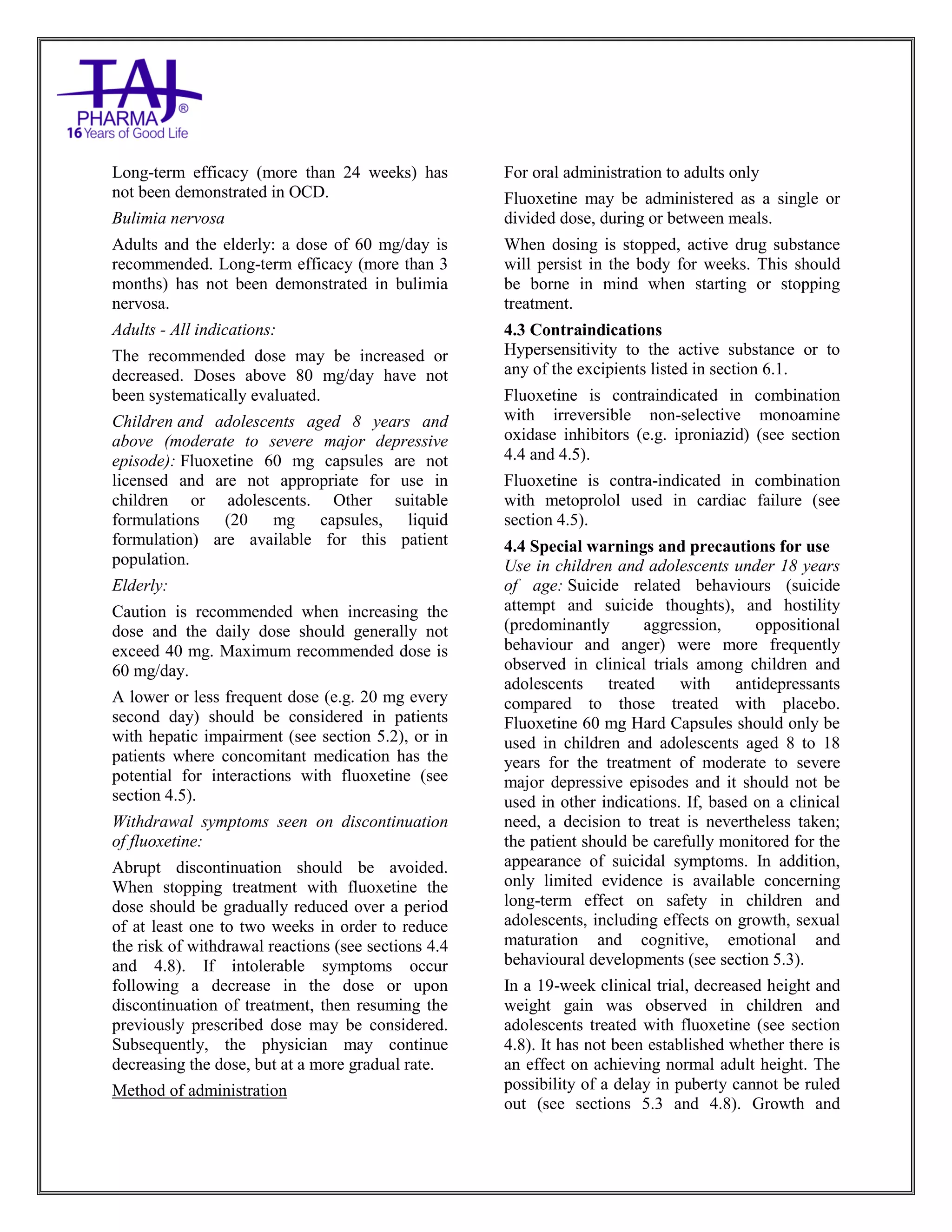 Fluoxetine Capsules USP SmPC Taj Pharmaceuticals | PDF