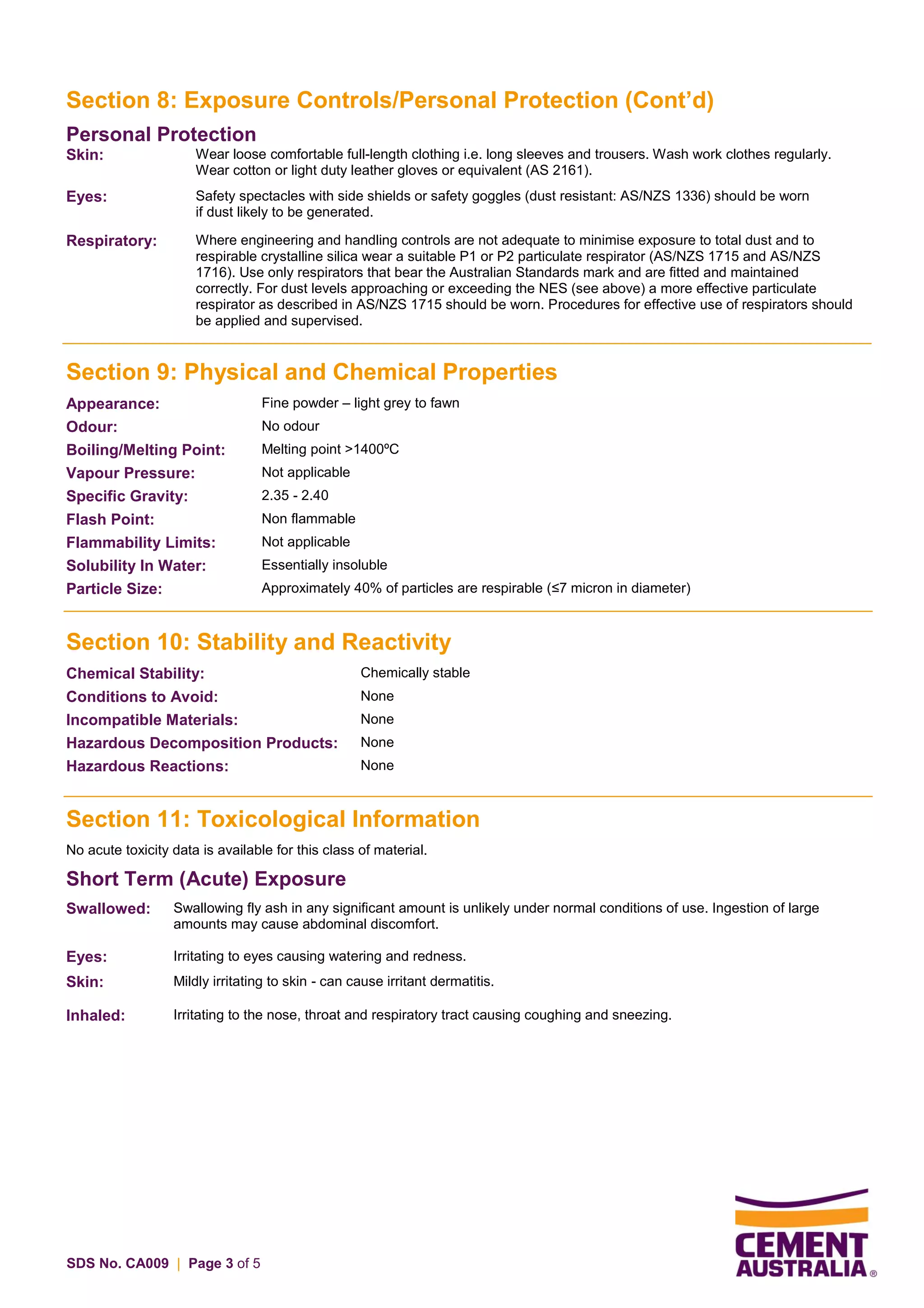 Fly Ash - Safety Data Sheet | PDF