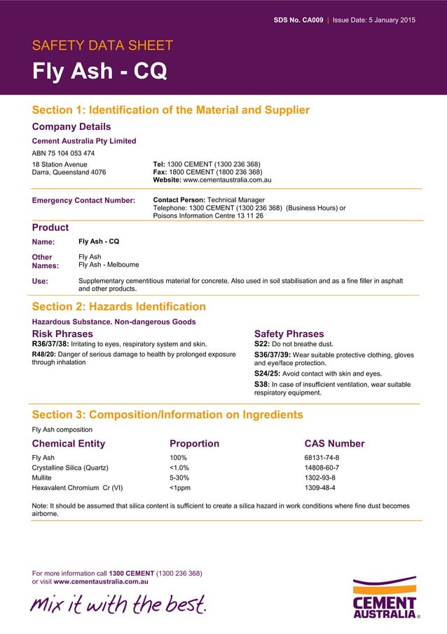Fly Ash - Safety Data Sheet | PDF | Lung and Respiratory Health | Diseases and Conditions