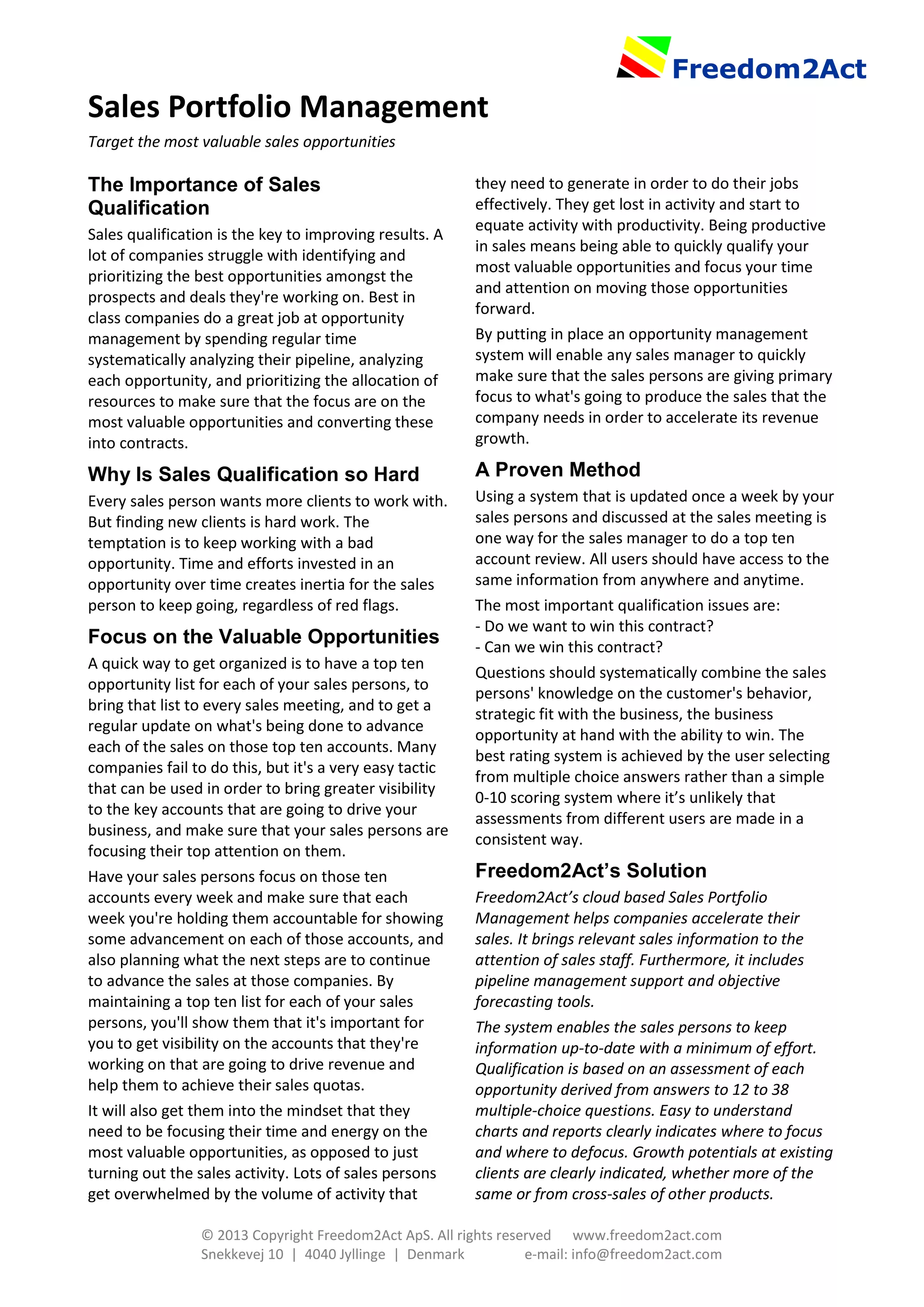 Freedom2act Sales Portfolio Management | PDF