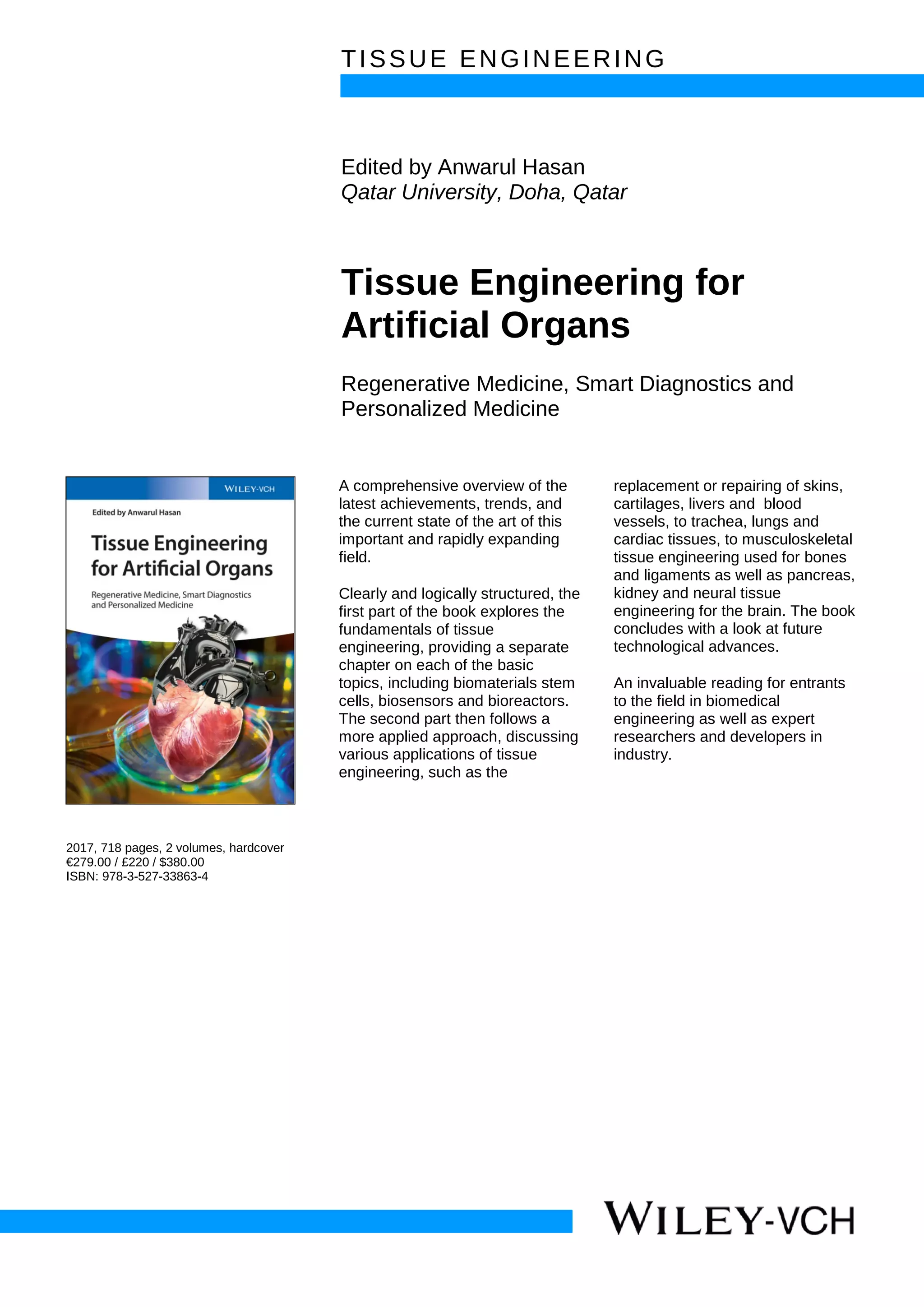 Our book, "Tissue Engineering for Artificial Organs" got published | PDF | Biotech and ...