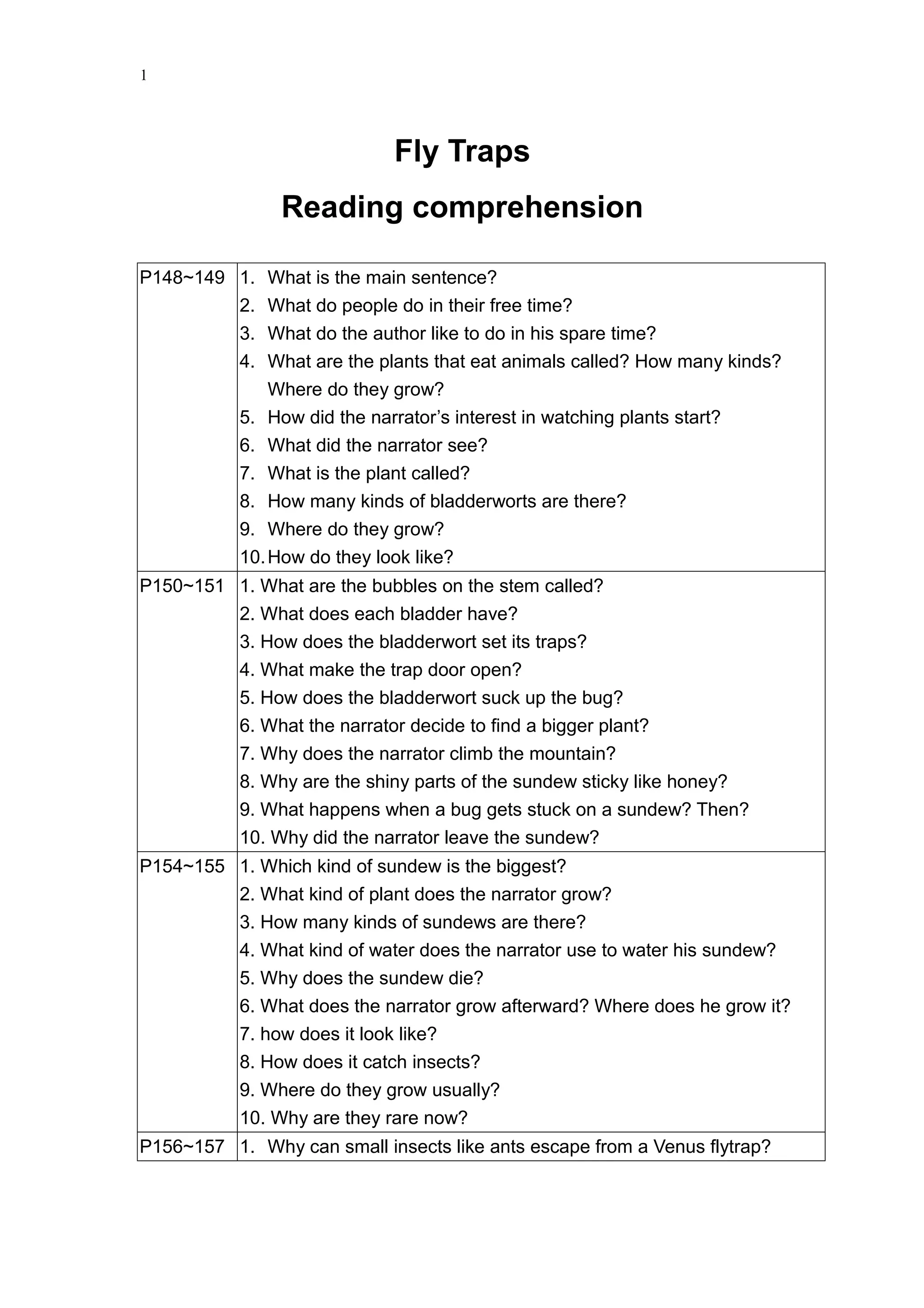 Fly traps reading comprehension questions | PDF