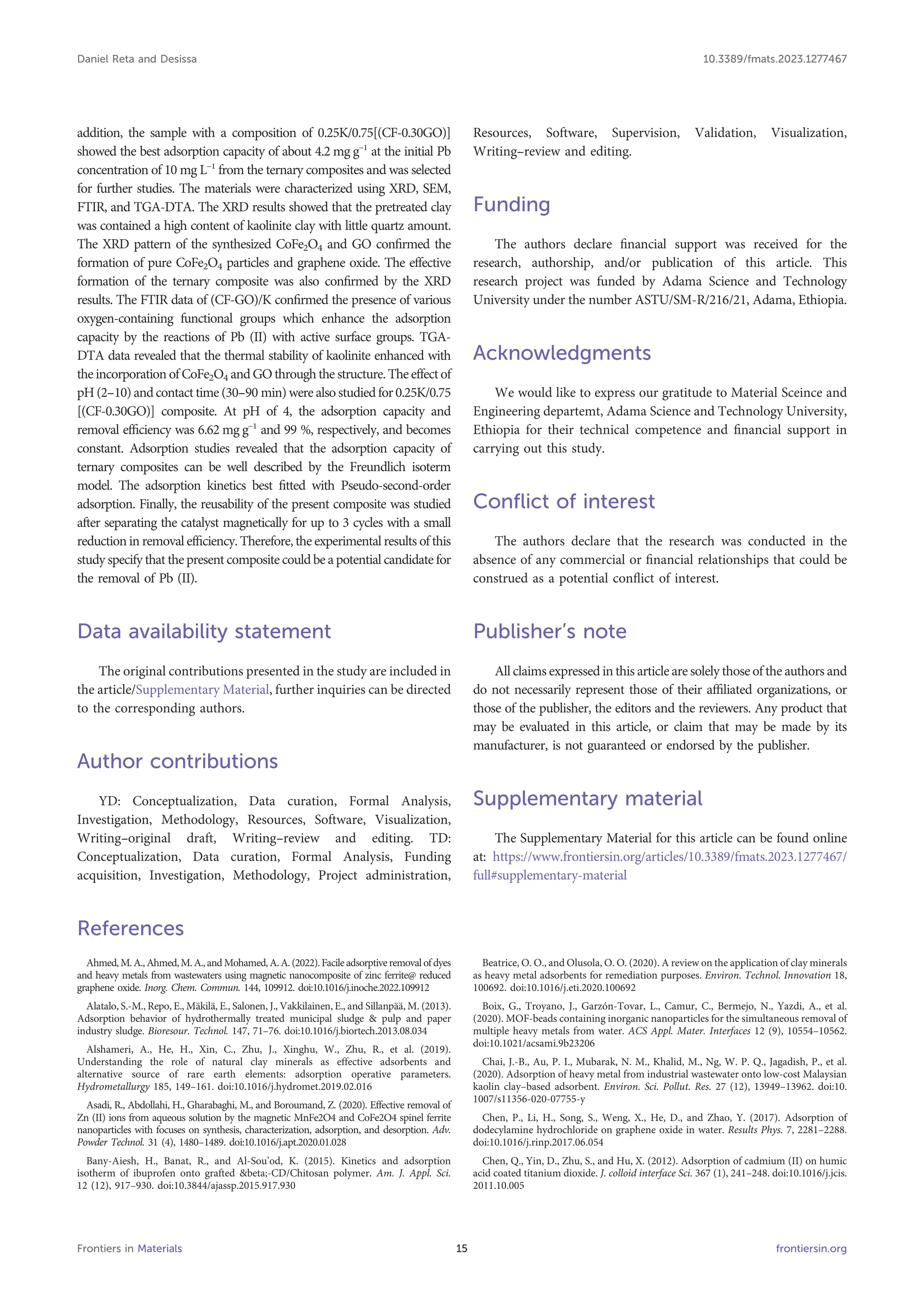 cofe2o4/graphene oxide for adsorption of heavy metal ions | PDF