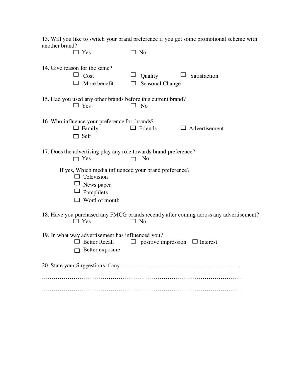 Fmcg preference questionnaire