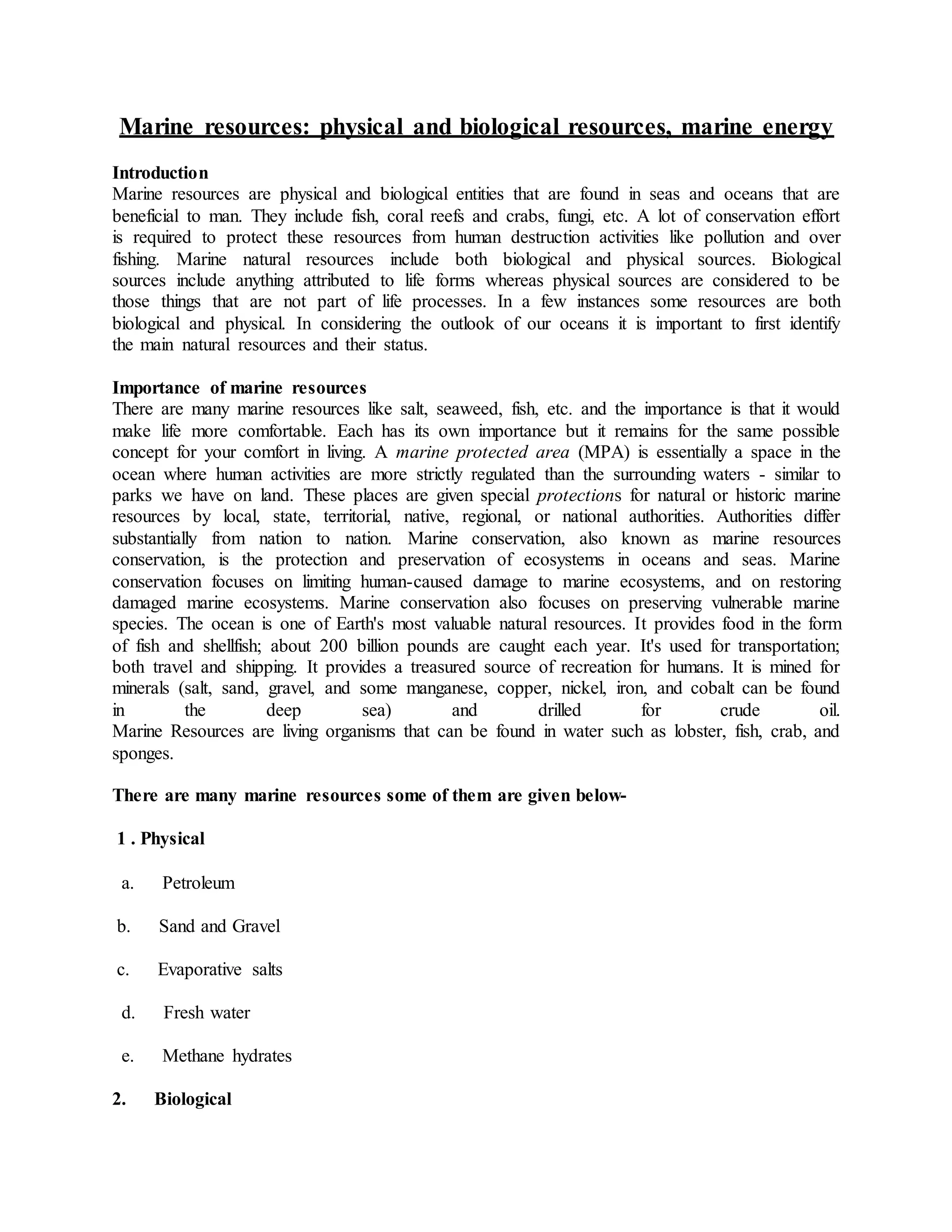 Marine Resources: Physical and biological resources, marine energy | DOCX