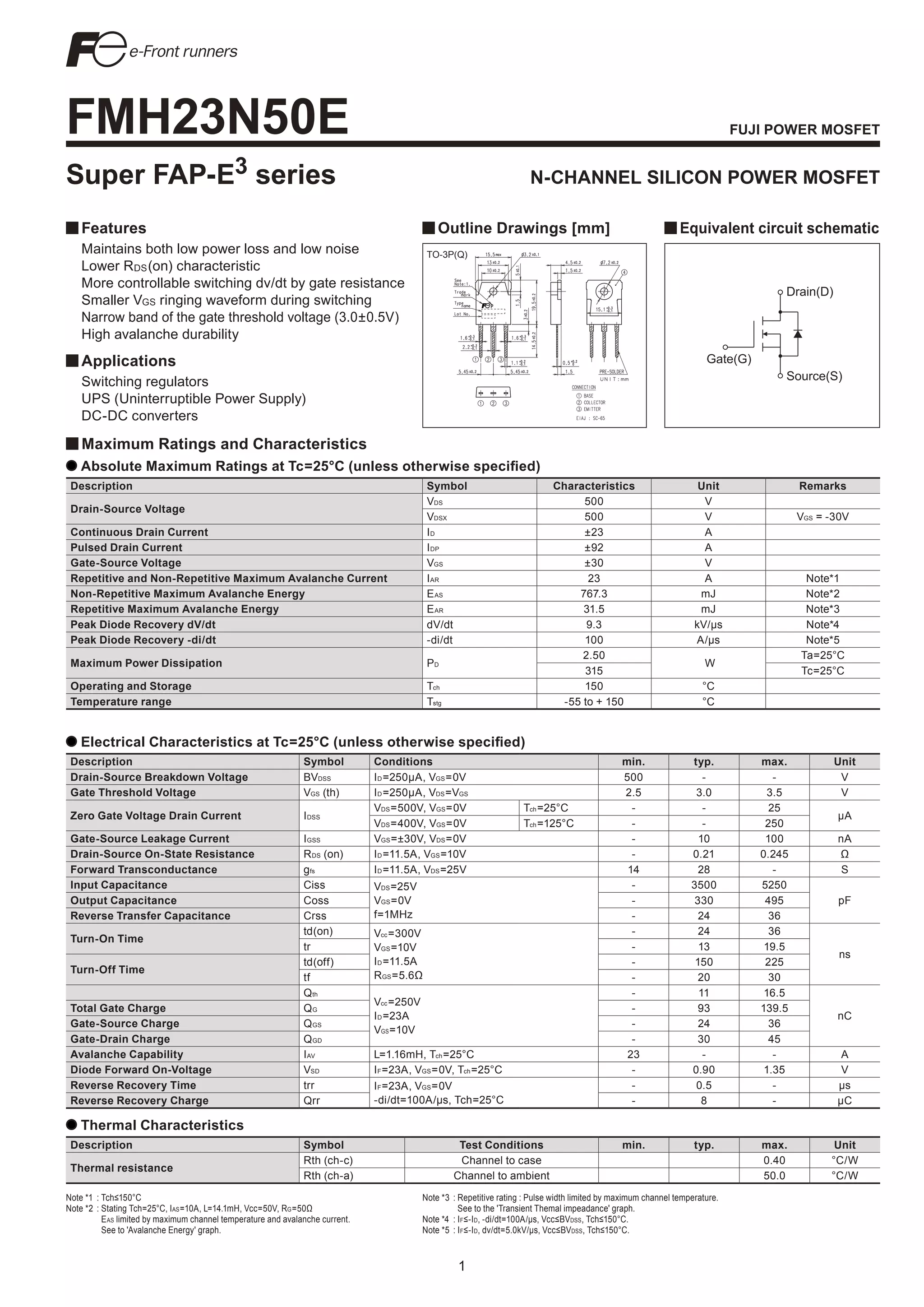 Original N-Channel Mosfet FMH23N50E 23N50E 500V 23A TO-247 New Fuji | PDF