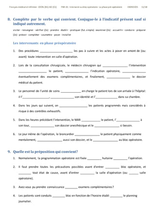 Intervenir au bloc opératoire · La phase préopératoire - EXERCICES | PDF