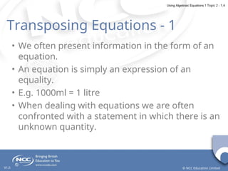 Using algebraic equations. Transposing equations | PPT