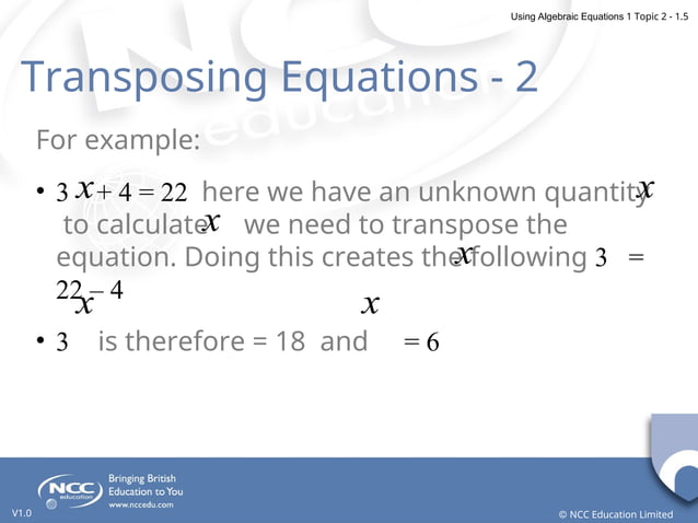 Using algebraic equations. Transposing equations | PPT