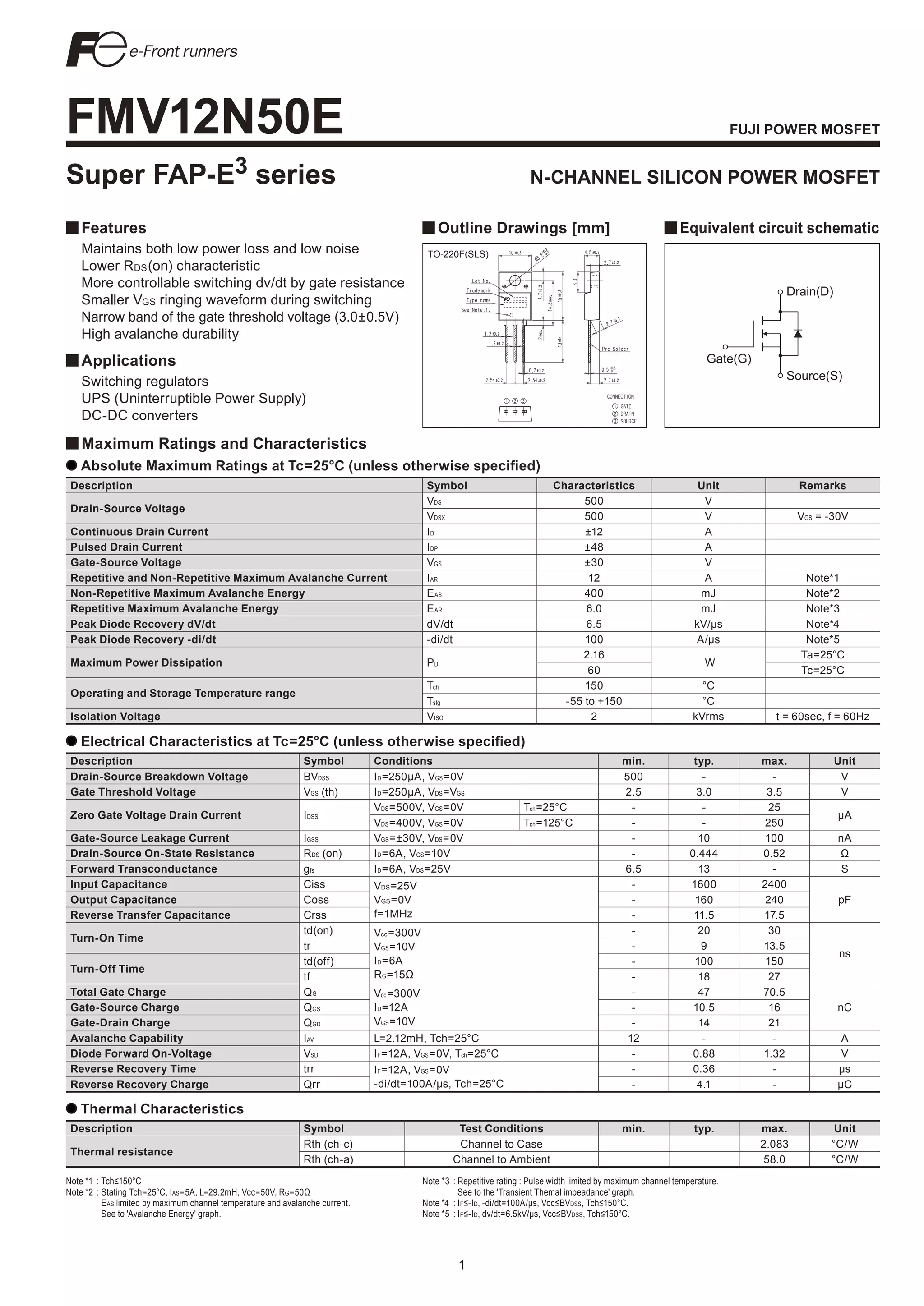 Original N-Channel Mosfet FMV12N50E 12N50E 500V 12A TO-220F New Fuji Electric | PDF