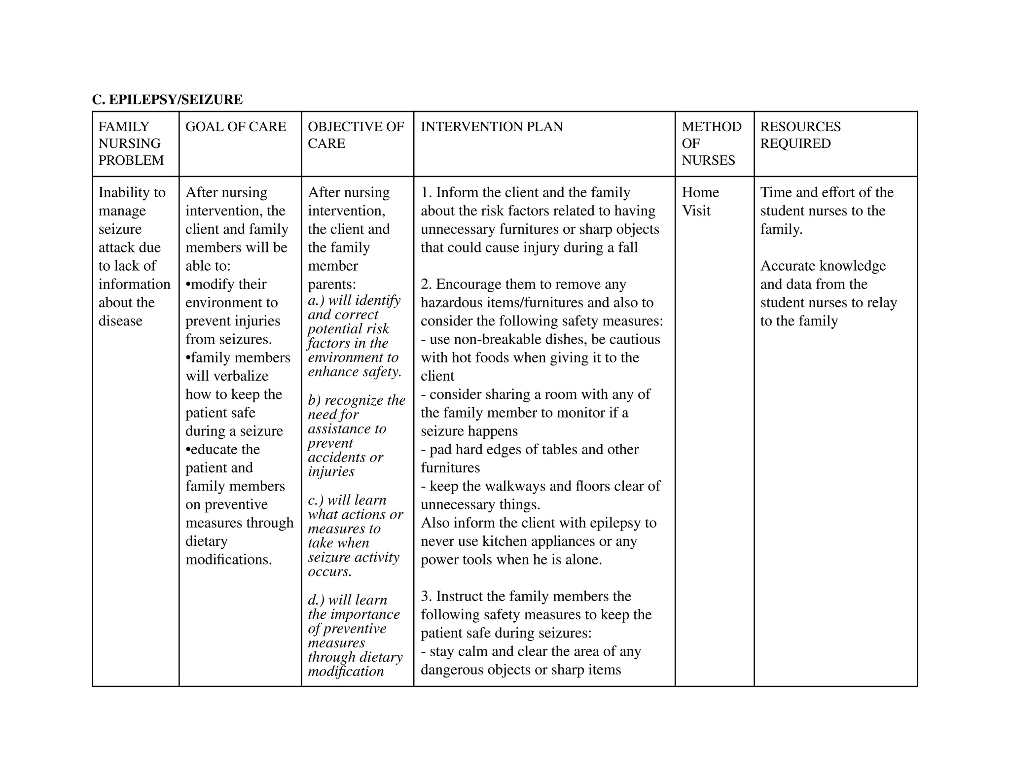 family Nursing Care Plan for clients with seizure | PDF | Brain and ...