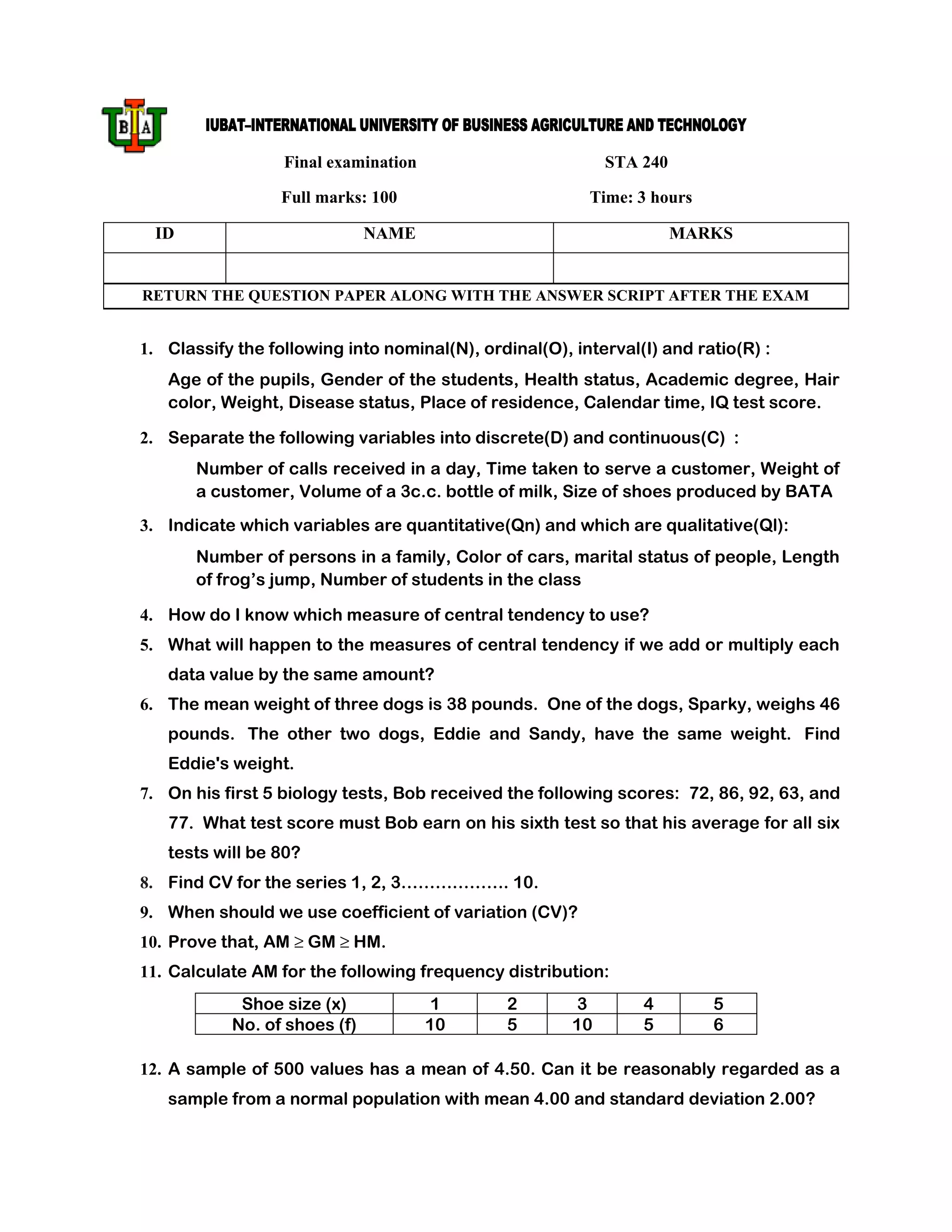 Exam Questions on Basic Statistics | PDF