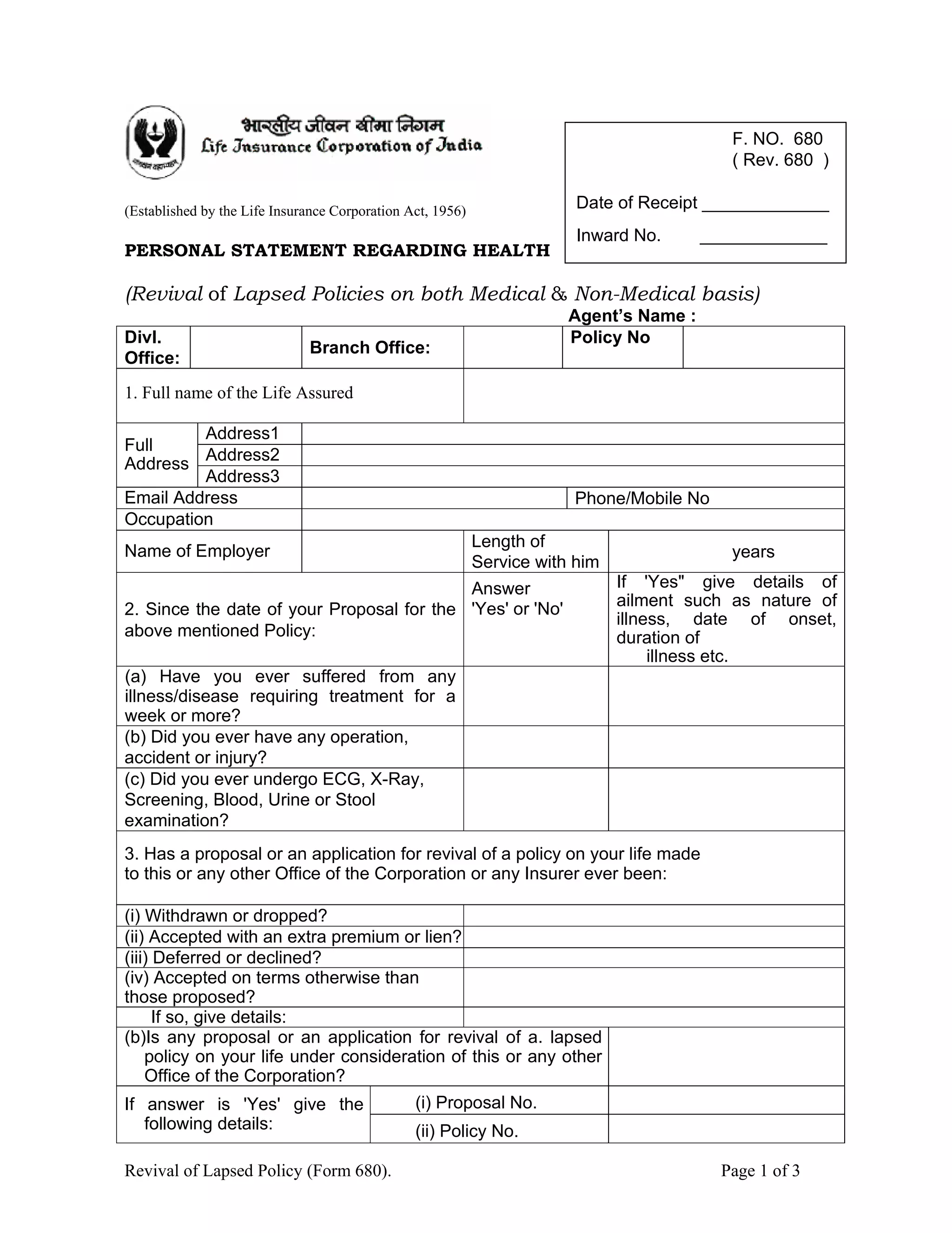 Revival of Lapsed Policy Forms Fno 680 | PDF
