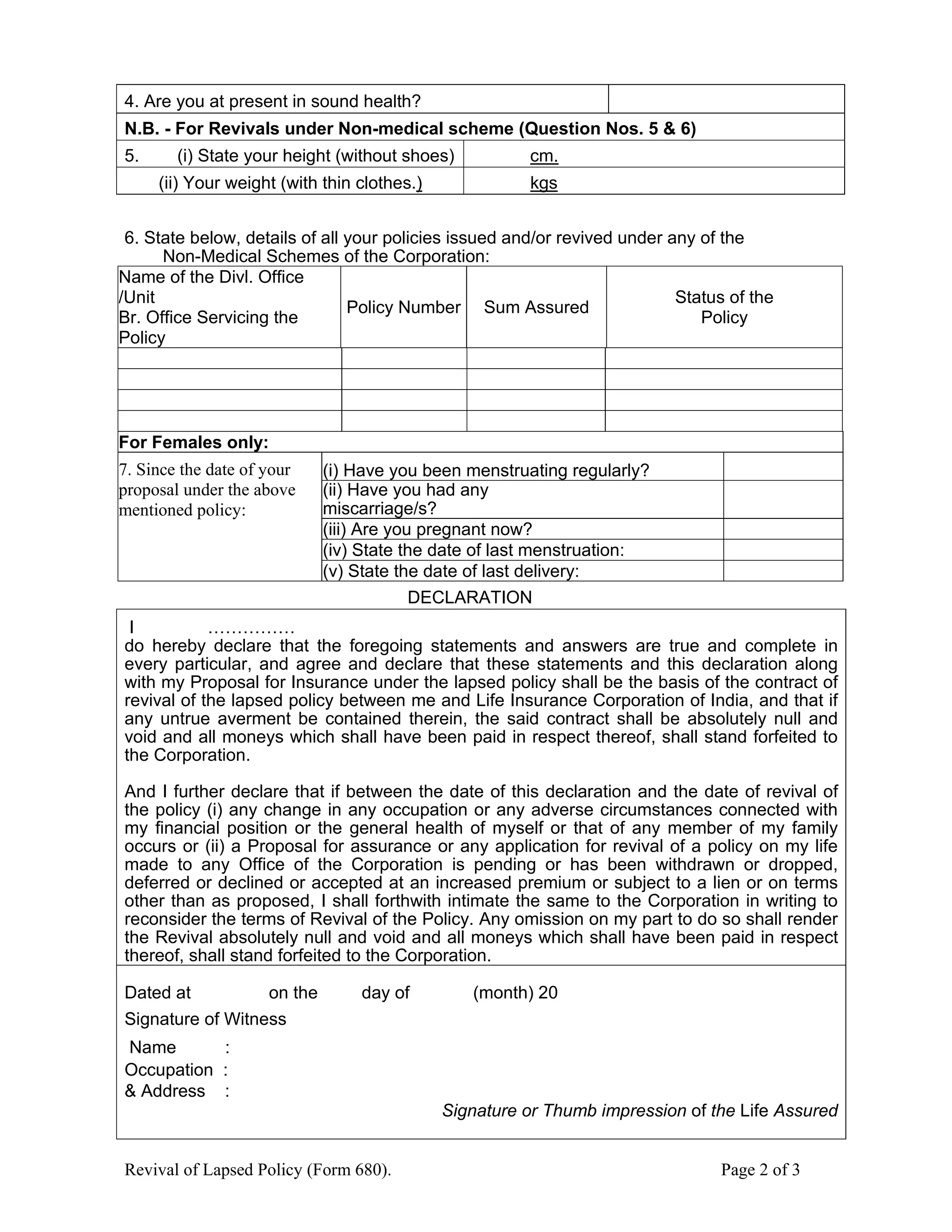 Revival of Lapsed Policy Forms Fno 680 | PDF