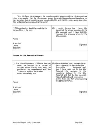 Revival of Lapsed Policy Forms Fno 680 | PDF