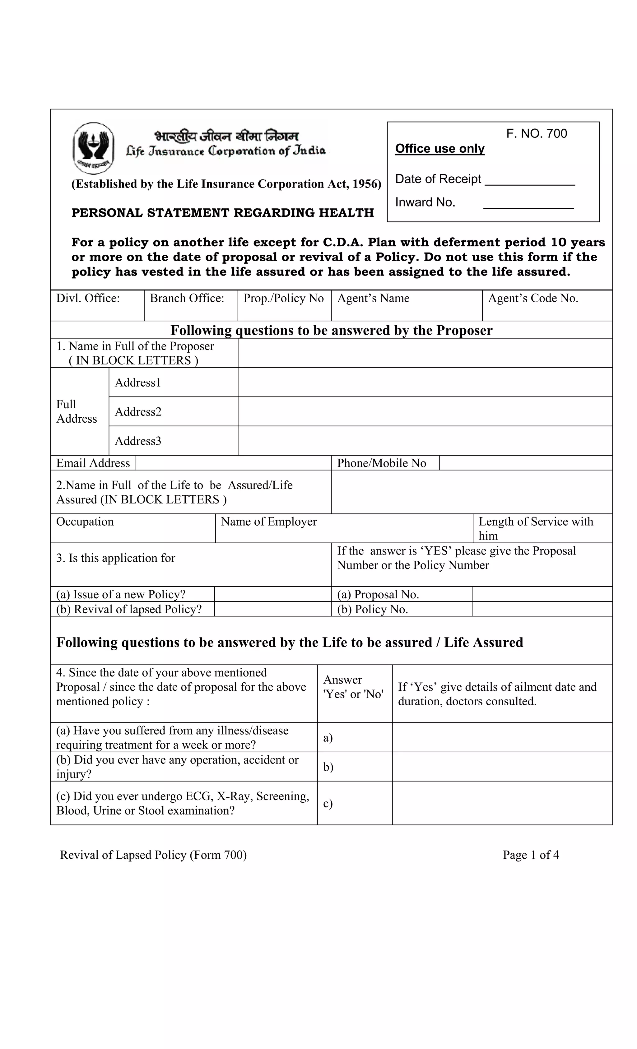 Revival of Lapsed Policy Forms Fno 700 | PDF