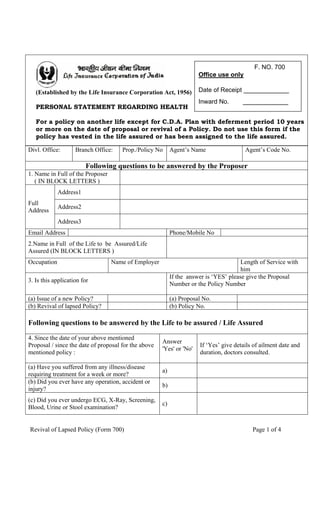 Revival of Lapsed Policy Forms Fno 700 | PDF