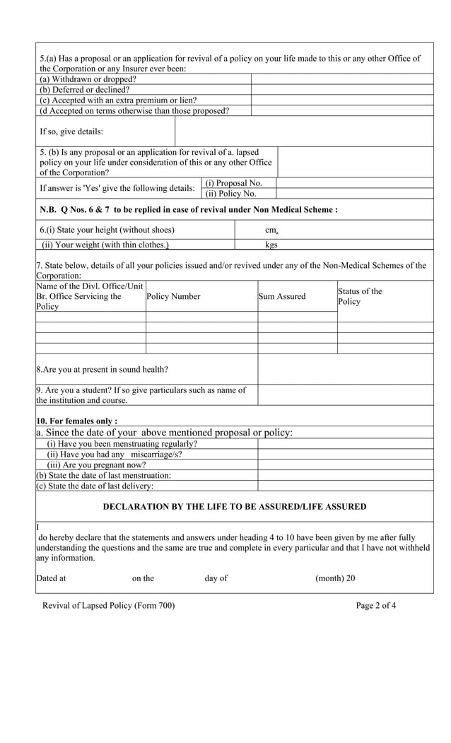 Revival of Lapsed Policy Forms Fno 700 | PDF | Life Insurance | Insurance