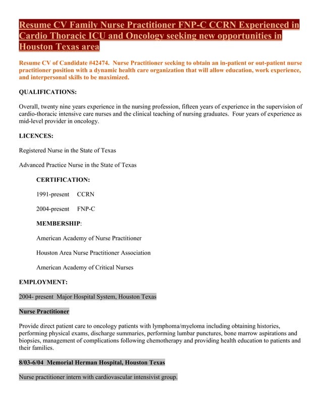 FNP CCRN ICU Medical Resume CV | PDF | Resume Writing and Advice | Job ...