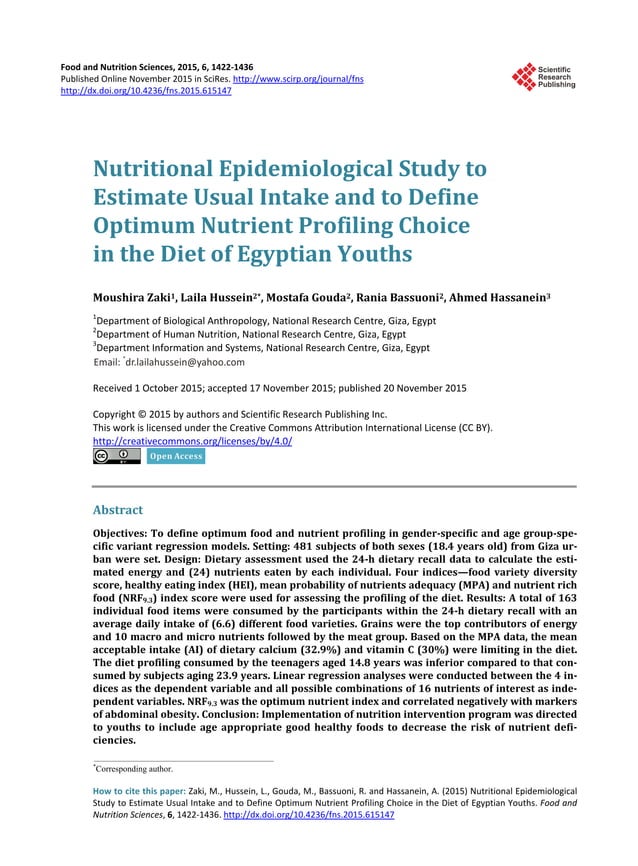 Nutritional Epidemiological Study to Estimate Usual Intake and to Define Optimum Nutrient ...