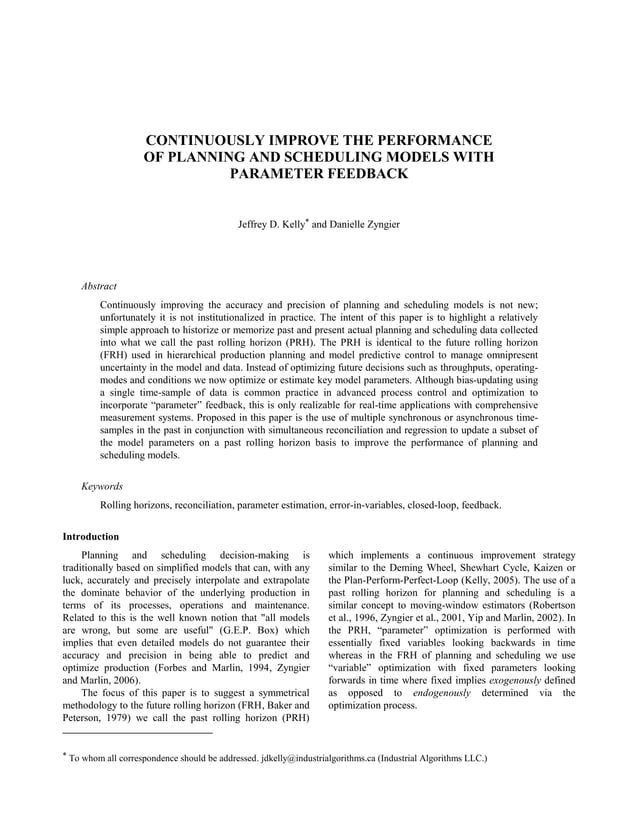 CONTINUOUSLY IMPROVE THE PERFORMANCE OF PLANNING AND SCHEDULING MODELS ...