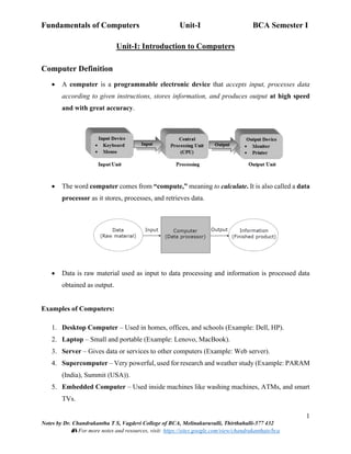Fundamentals of Computers(FOC): UNIT-I Introduction to Computers | PDF