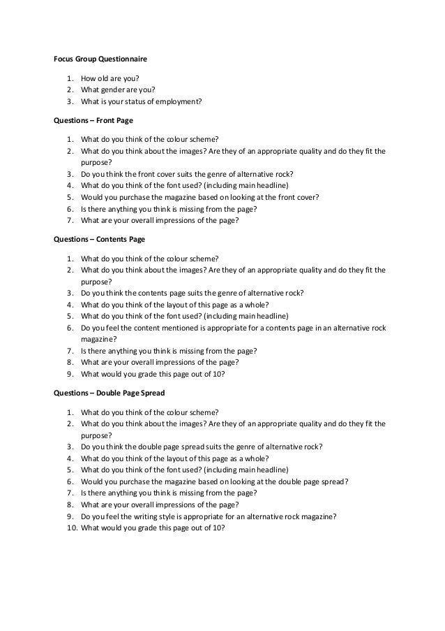 Focus group questionnaire