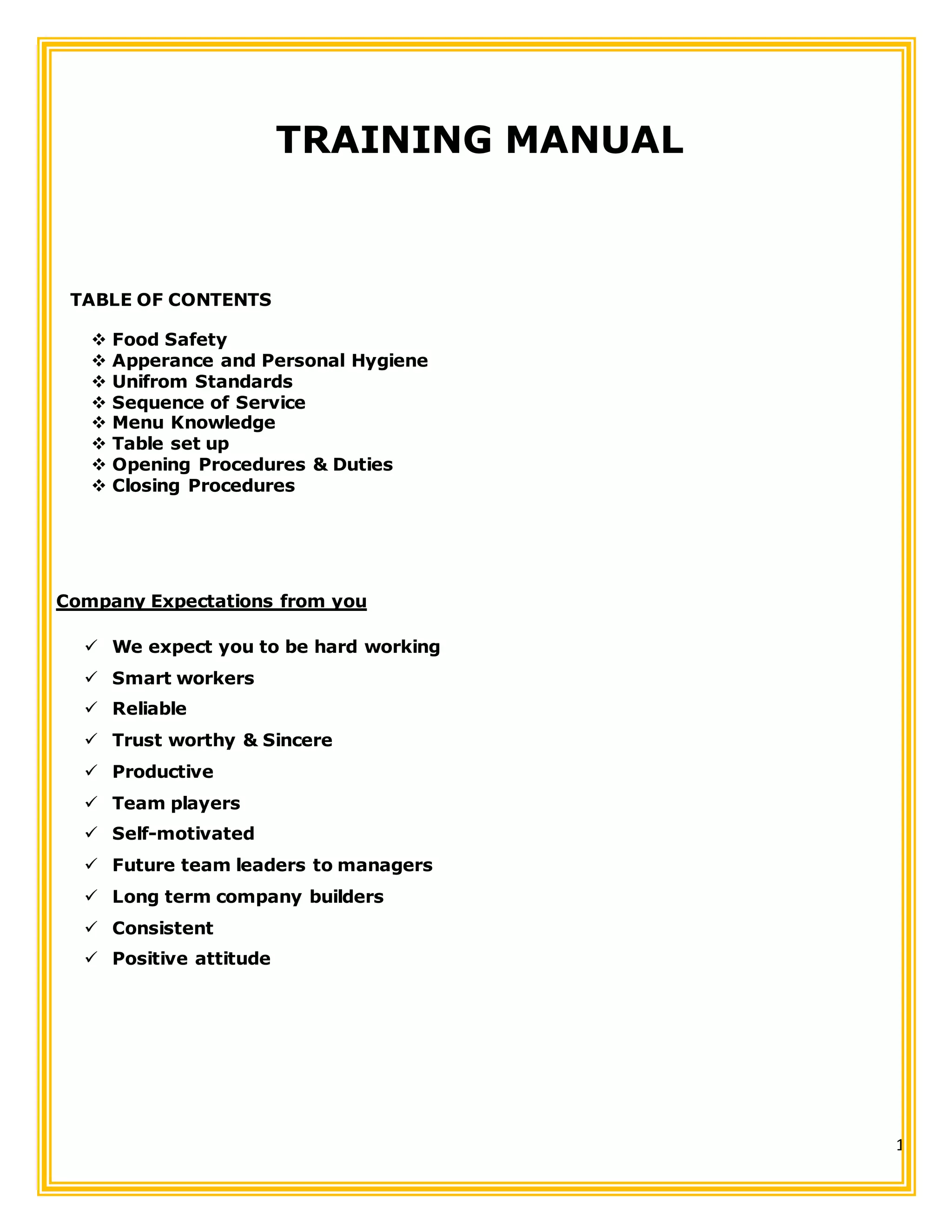 Food Safety Training Restaurant | DOCX