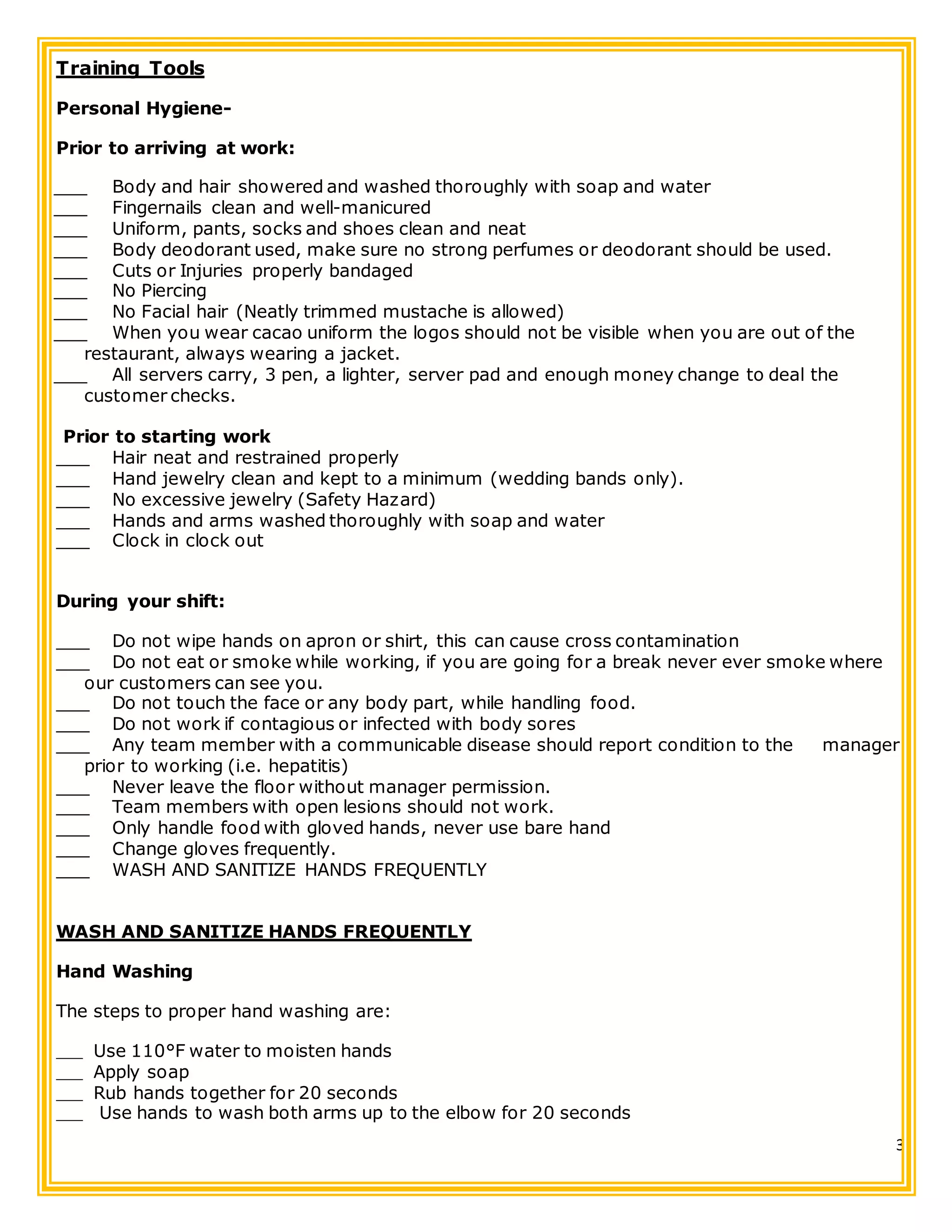 Food Safety Training Restaurant | DOCX