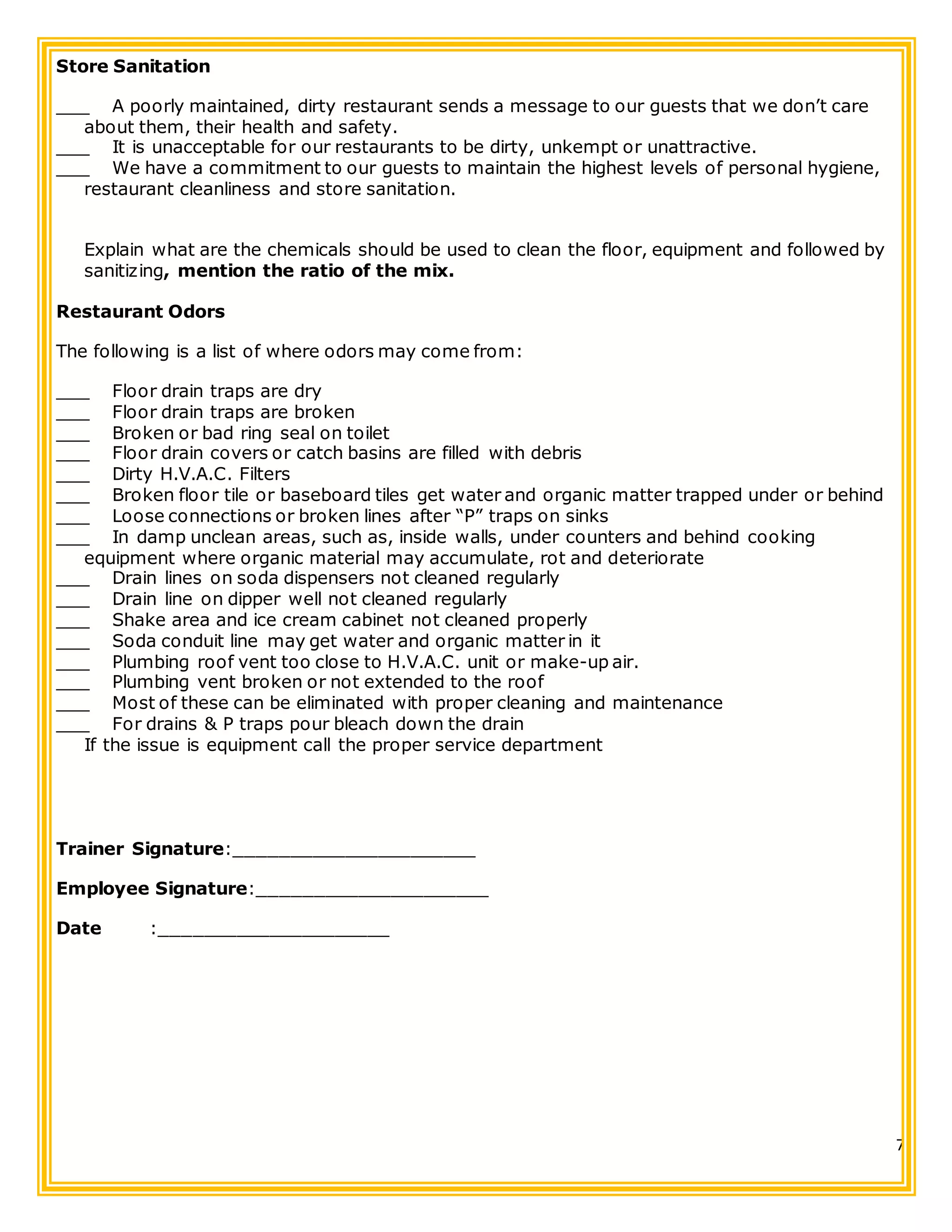 Food Safety Training Restaurant | DOCX
