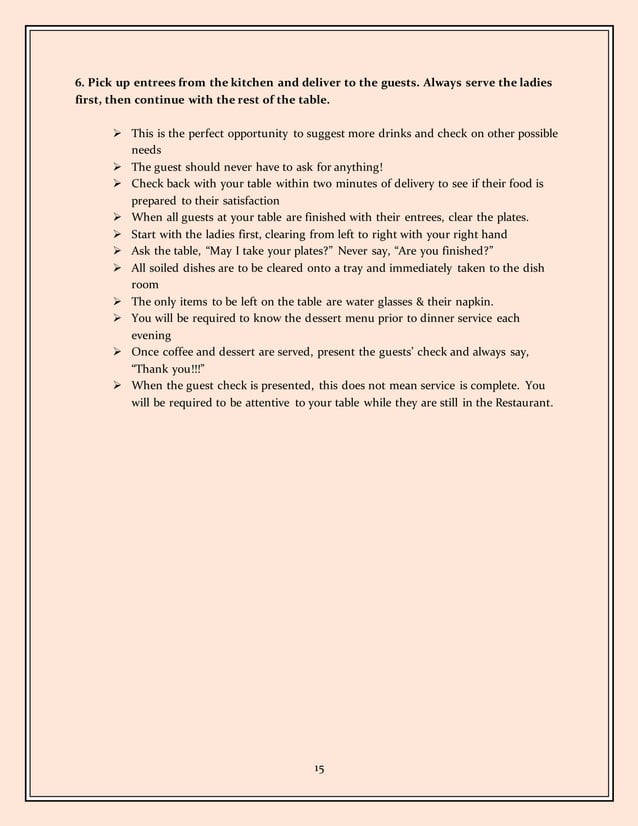 Foh staff training | DOCX | Bars & Restaurants | Attractions